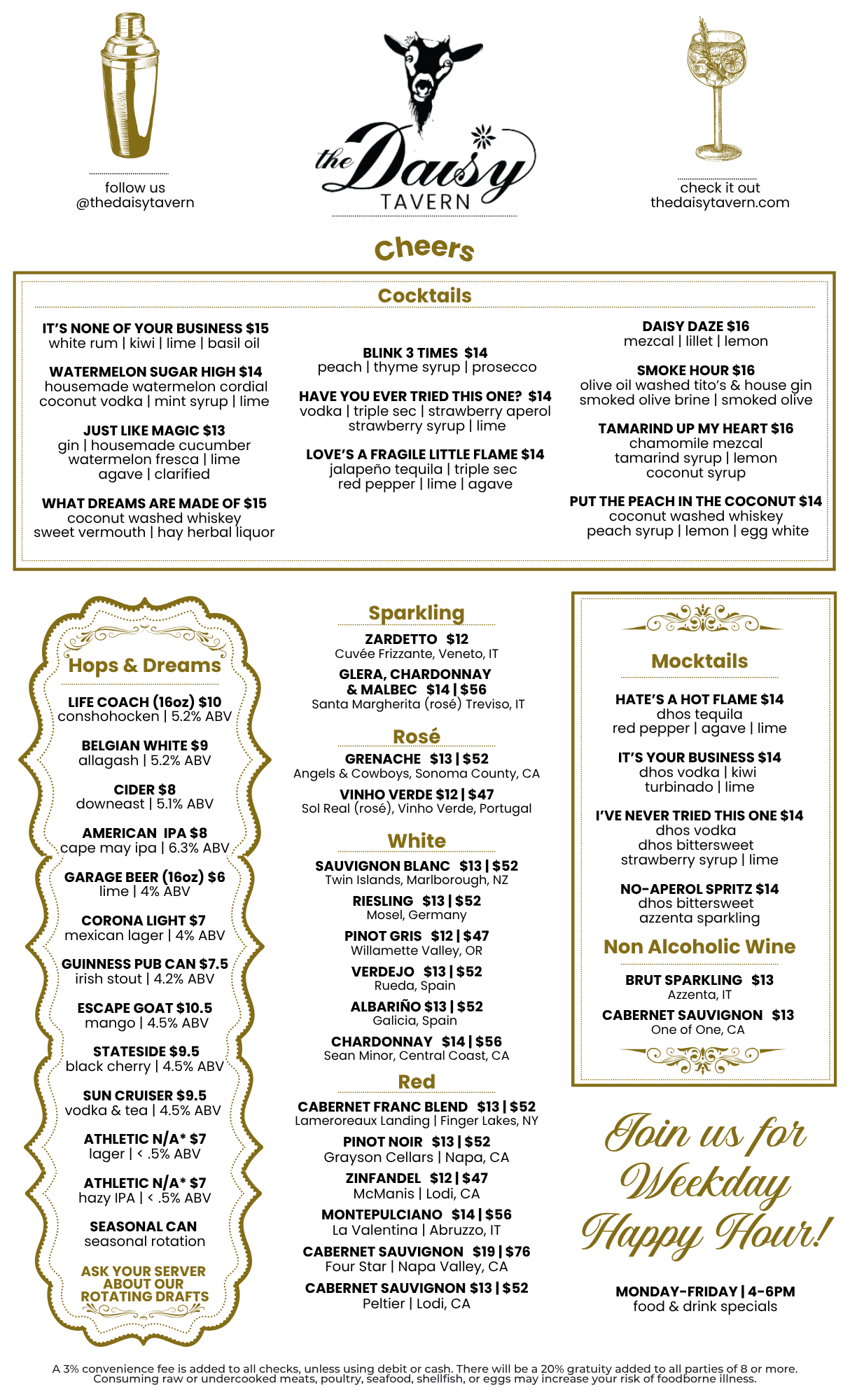 Menus | The Daisy Tavern in Conshohocken, PA